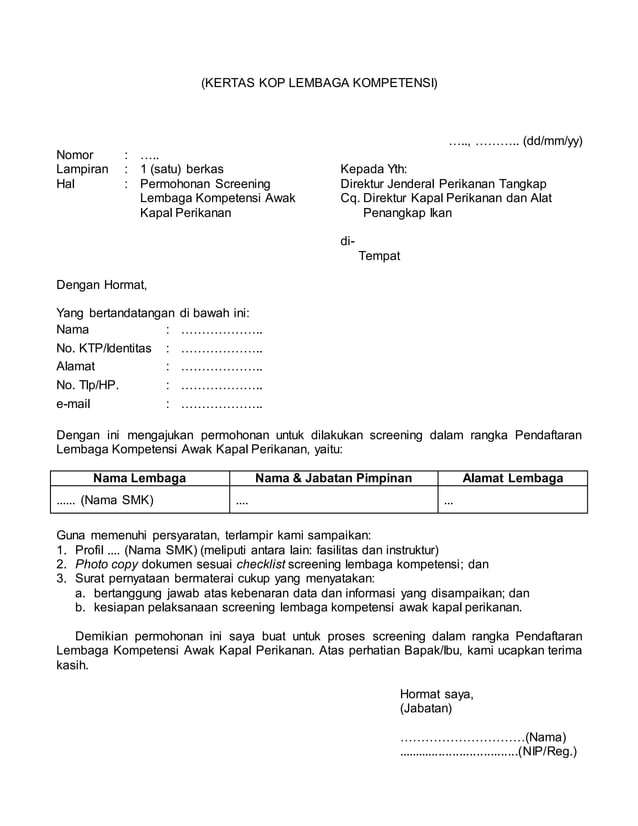 Format persuratan sertifikasi Awak Kapal Perikanan | DOCX