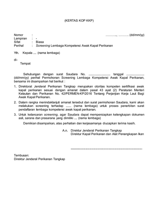 Format persuratan sertifikasi Awak Kapal Perikanan | DOCX