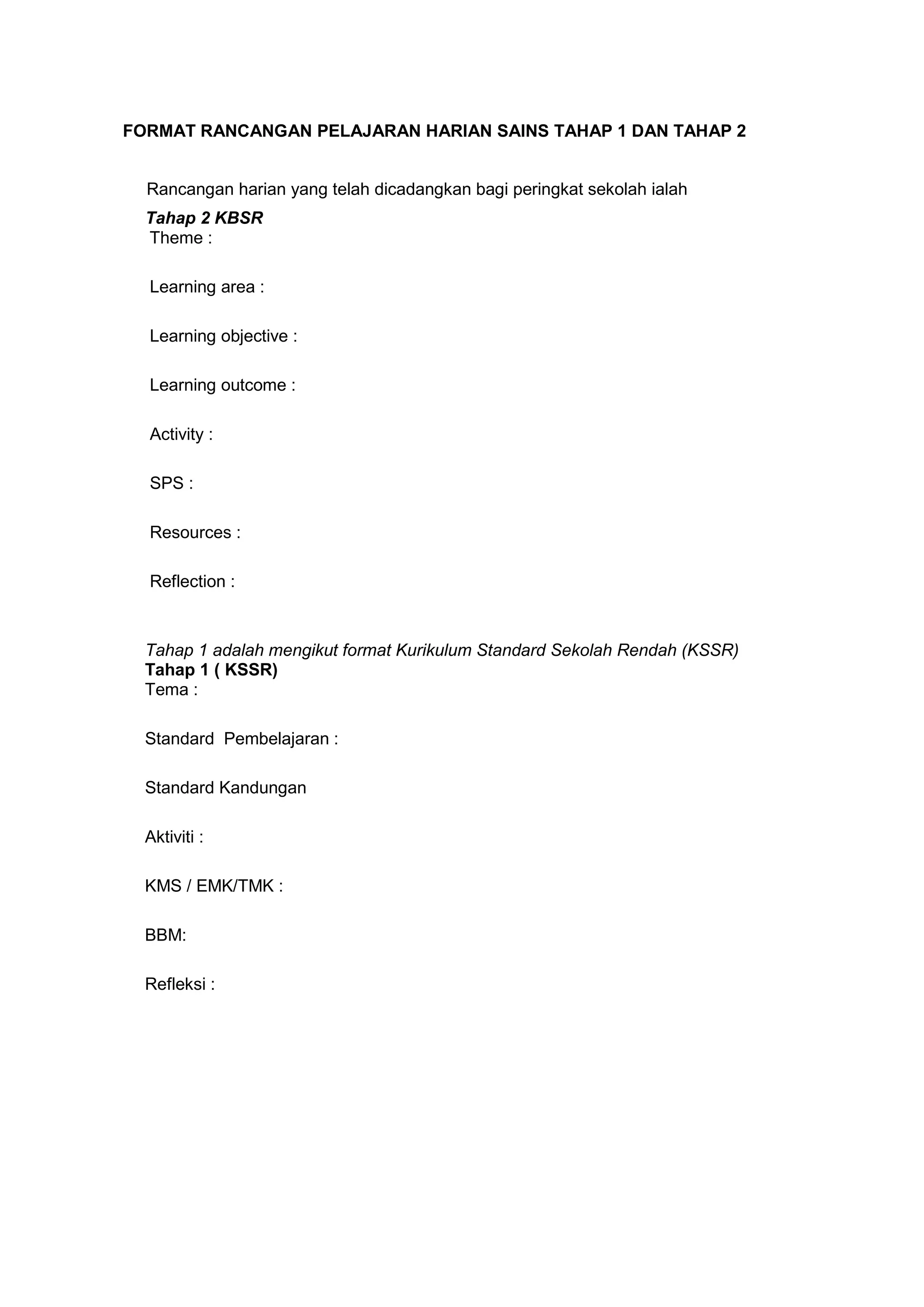 Format rancangan pelajaran harian sains tahap 1 dan tahap 2 | PDF