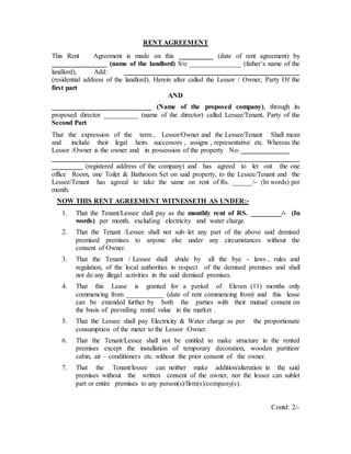 Format rent agreement | DOC