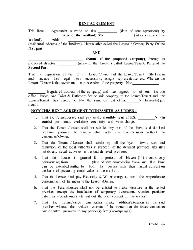 Format rent agreement | DOC | Real Estate Renting and Leasing | Real Estate