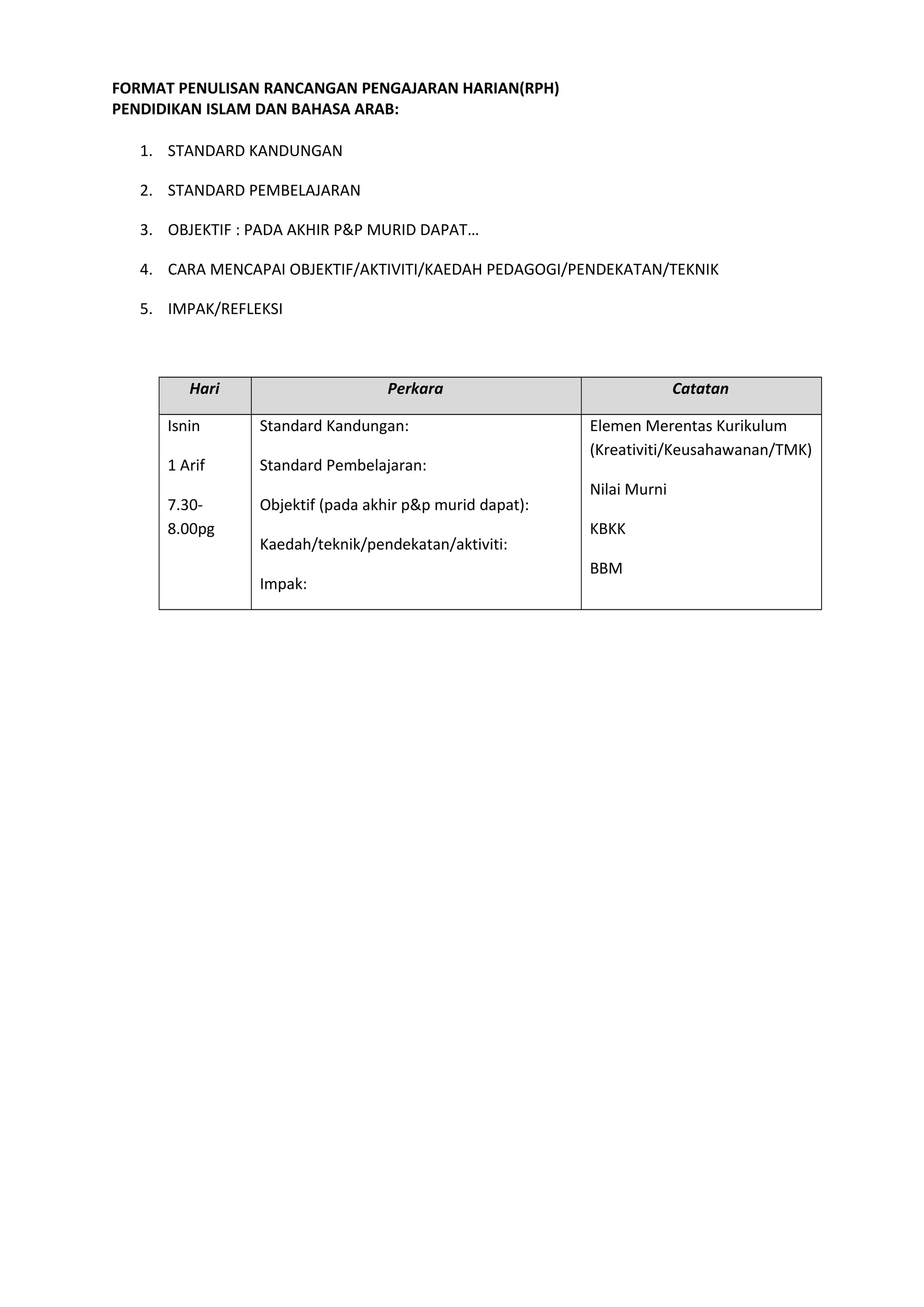 Format rph dalam kssr | DOC
