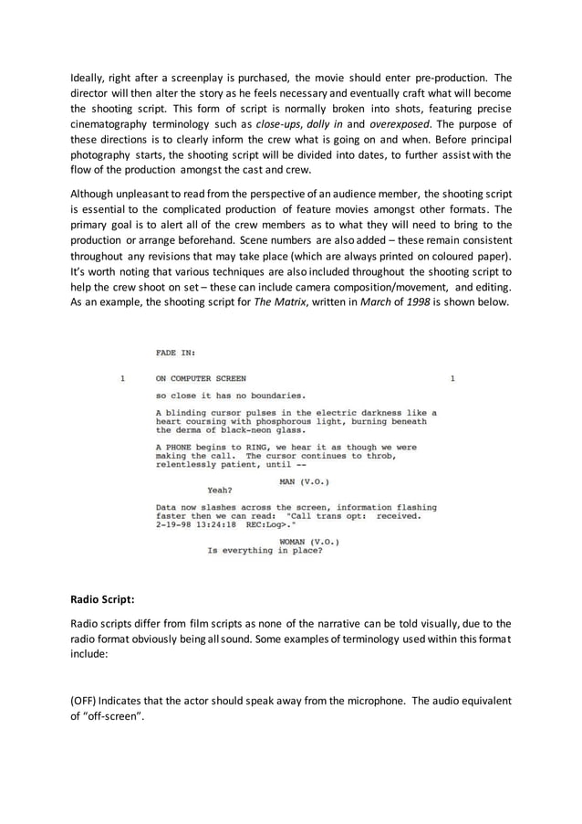 Formats and conventions of scripts for media products | DOCX