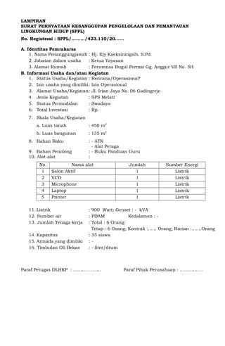 FORMAT SURAT PERNYATAAN KESANGGUPAN PENGELOLAAN DAN PEMANTAUAN ...
