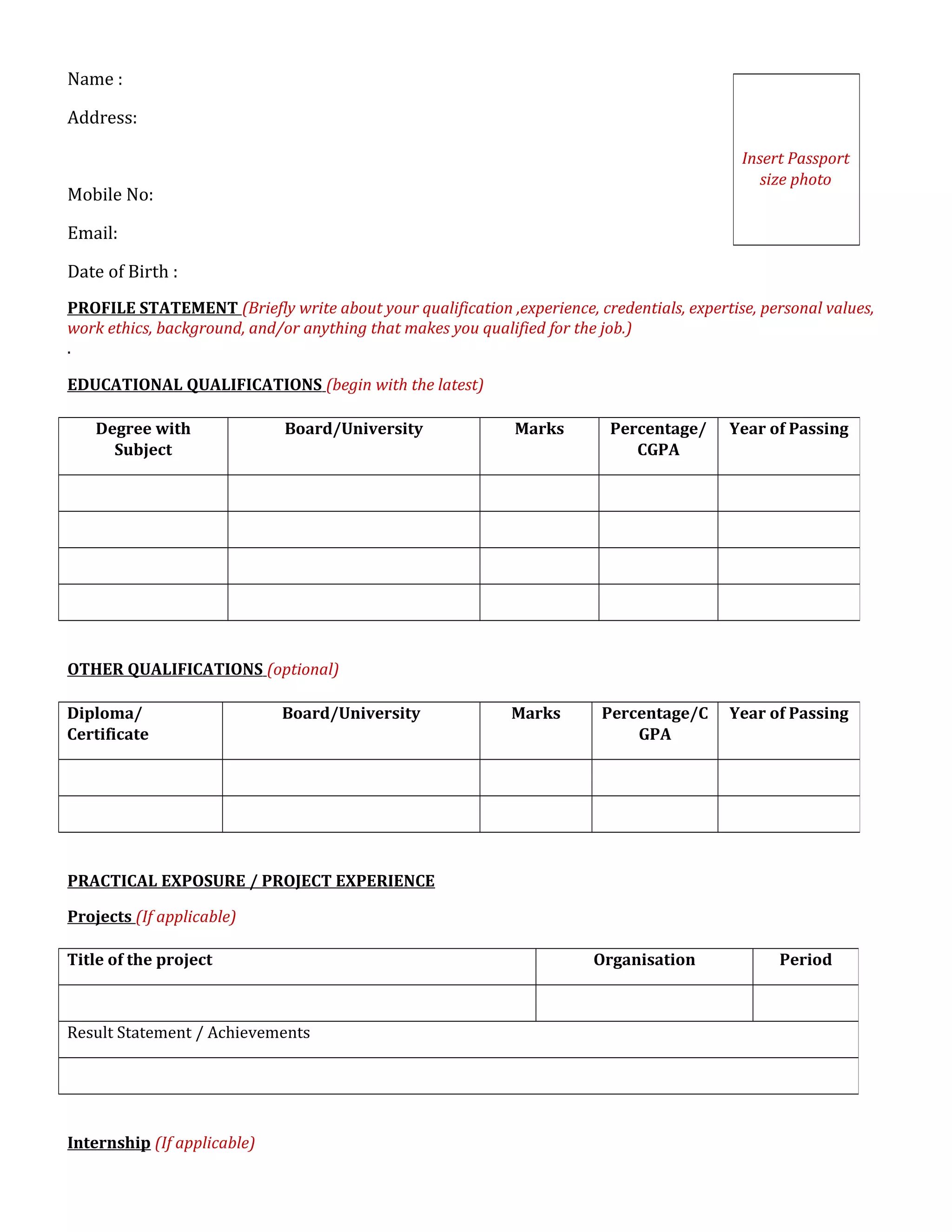 CV /bio data /resume format | DOC