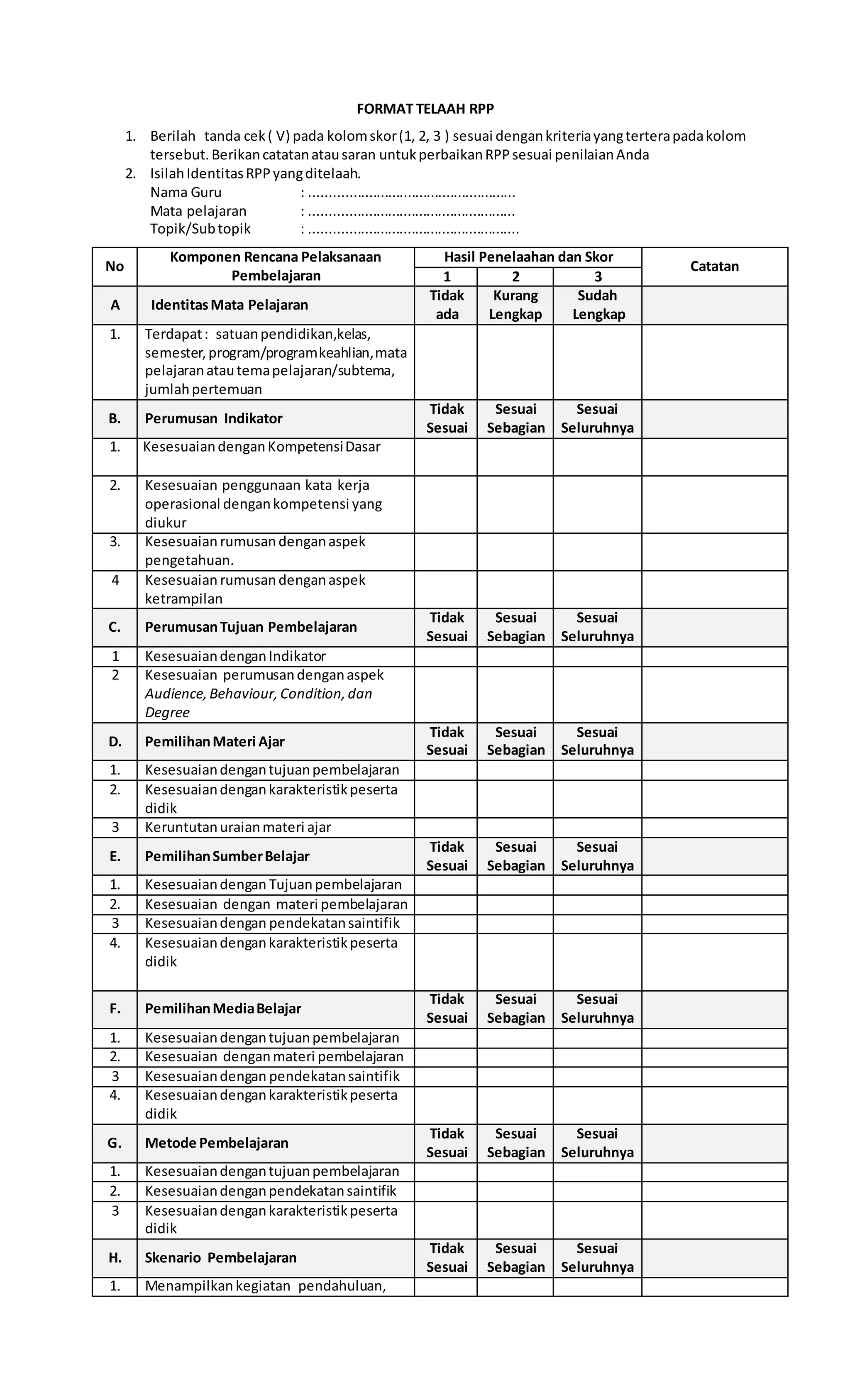Format telaah rpp | DOCX