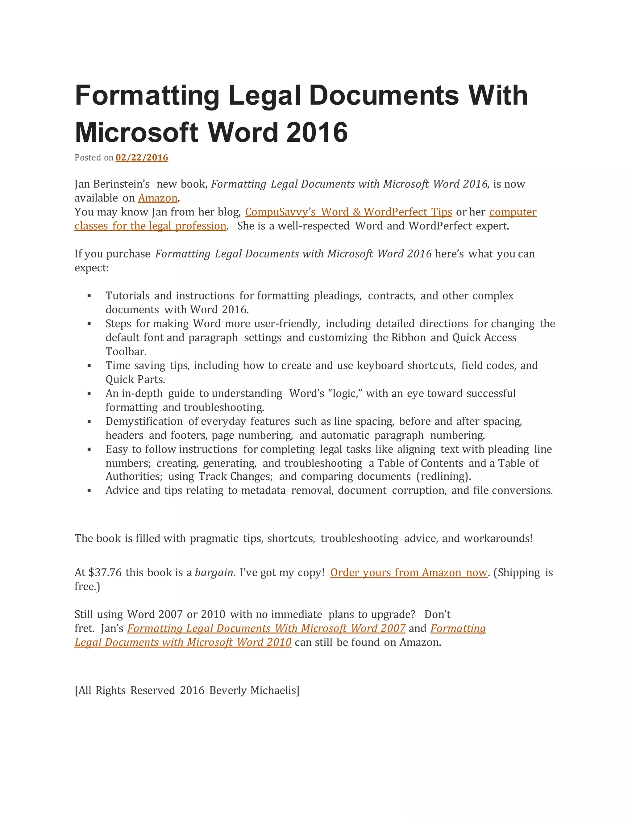 Formatting legal documents with Microsoft Word 2016 | PDF