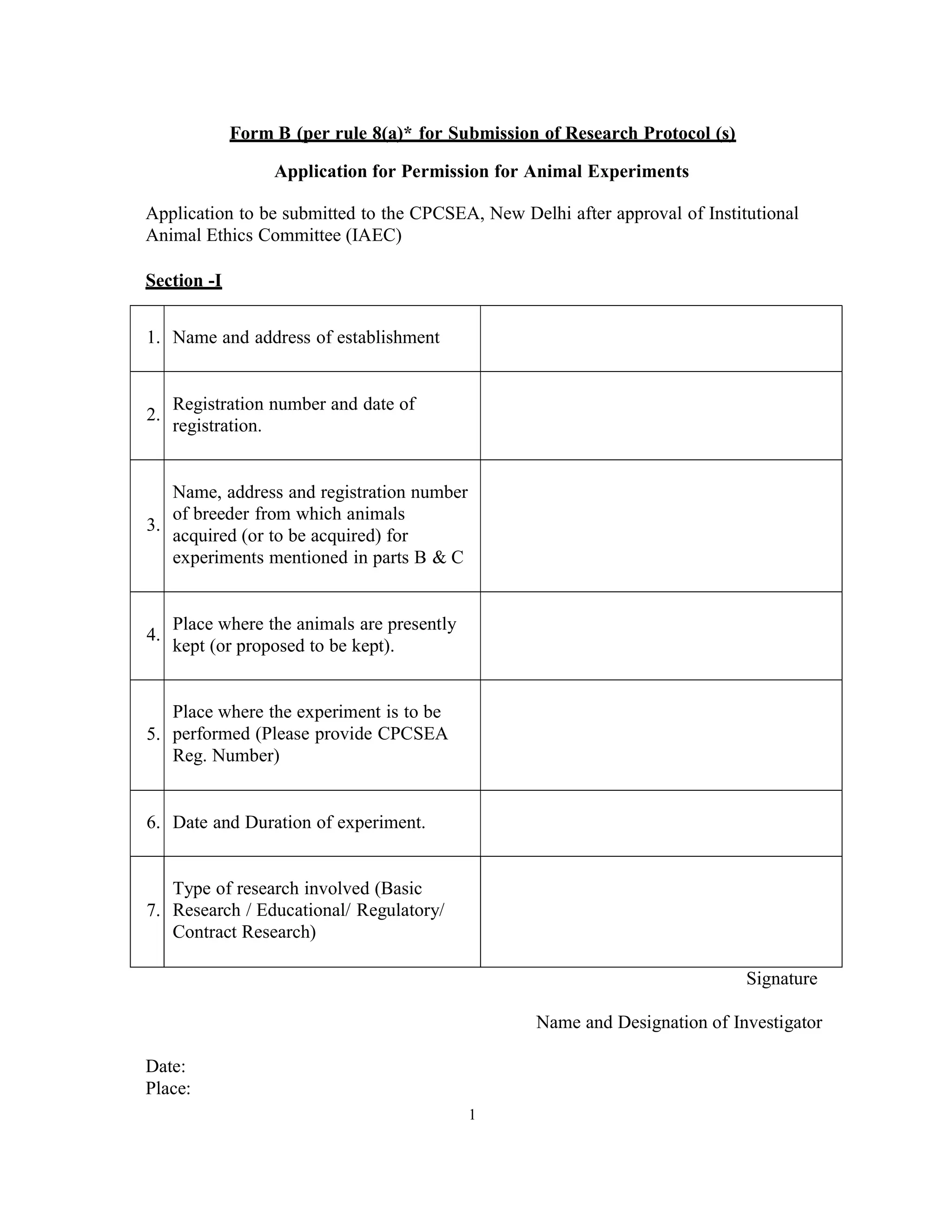Form B (per rule 8(a)*for Submission of Research Protocol | PDF
