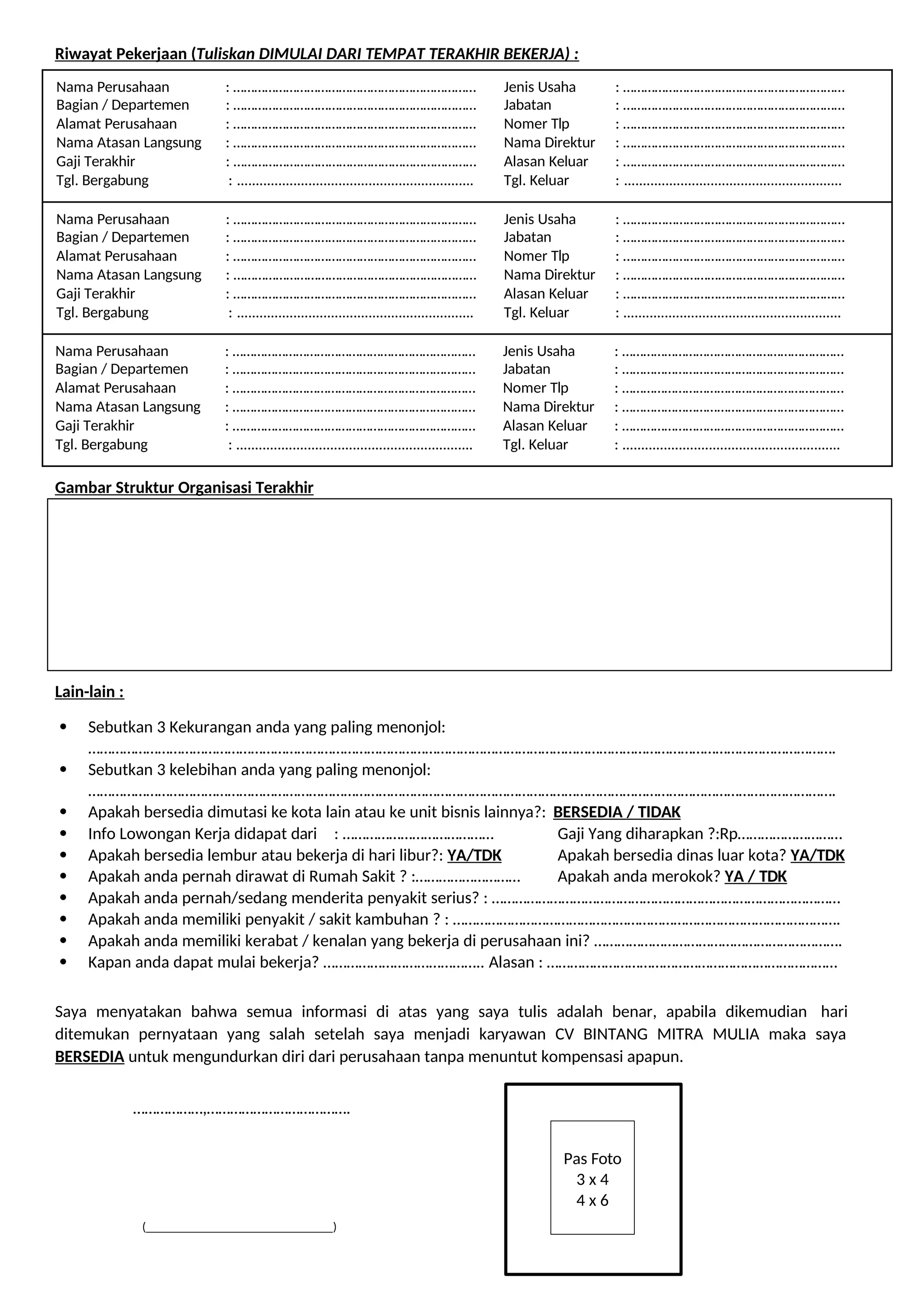 Form Biodata Calon karyawan Kerja Umum. | DOCX