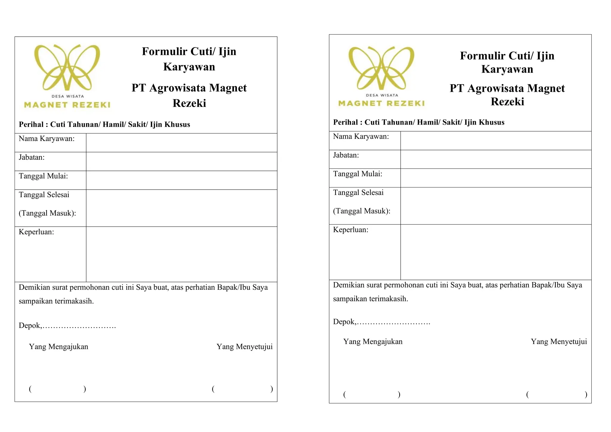 Formulir Cuti/Izin Khusus/Sakit Karyawan | PPT