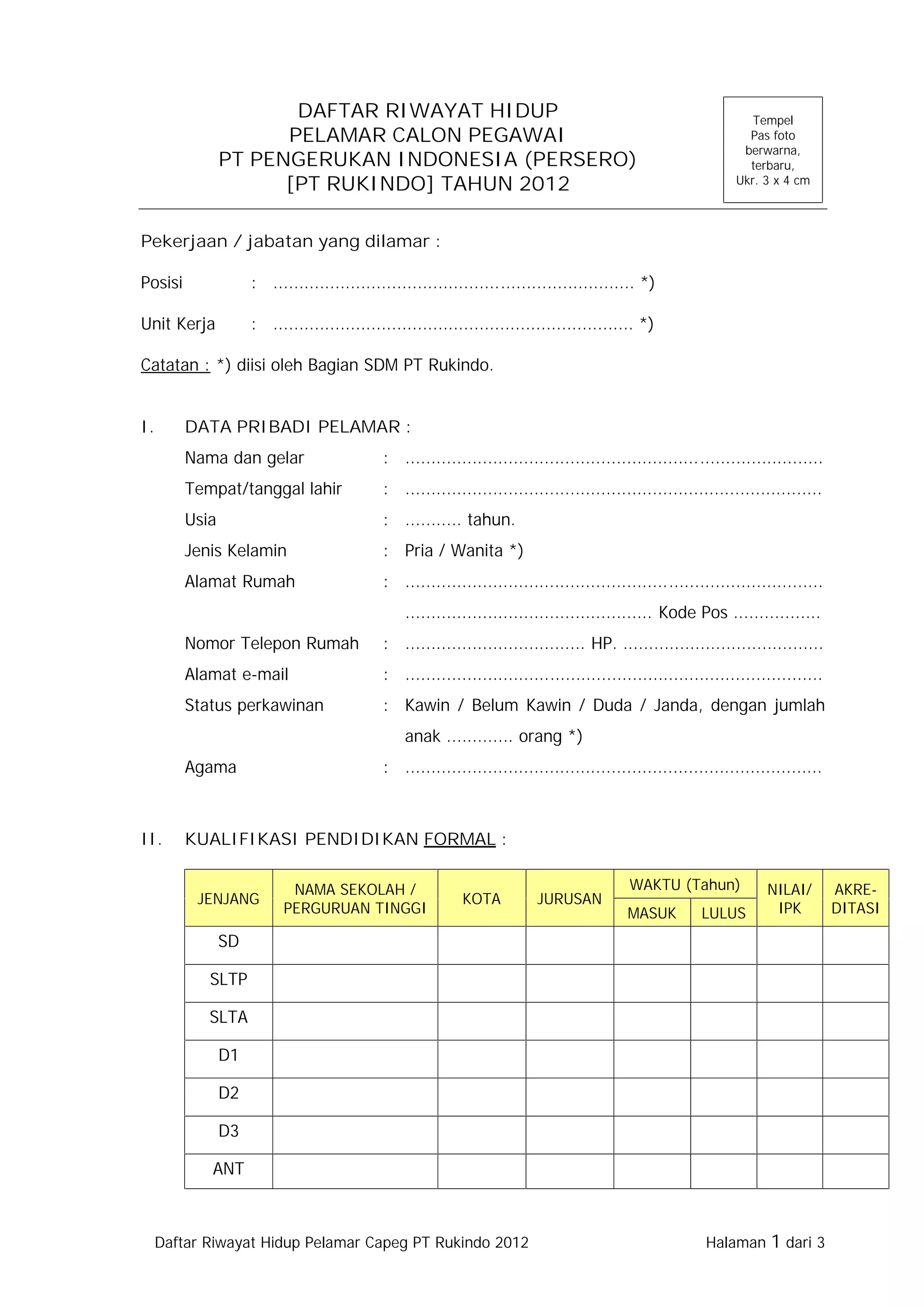 Form daftar riwayat hidup pelamar 2012 edit | PDF