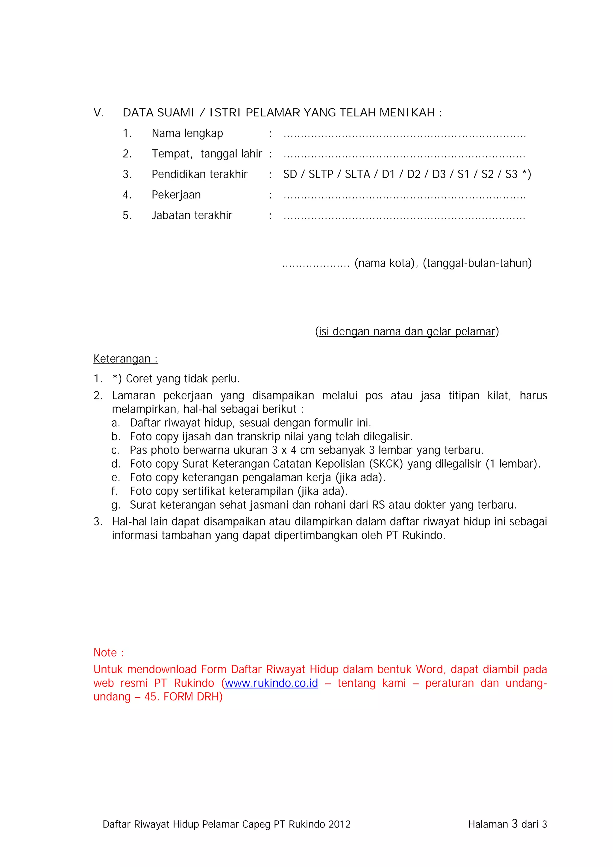 Form daftar riwayat hidup pelamar 2012 edit | PDF