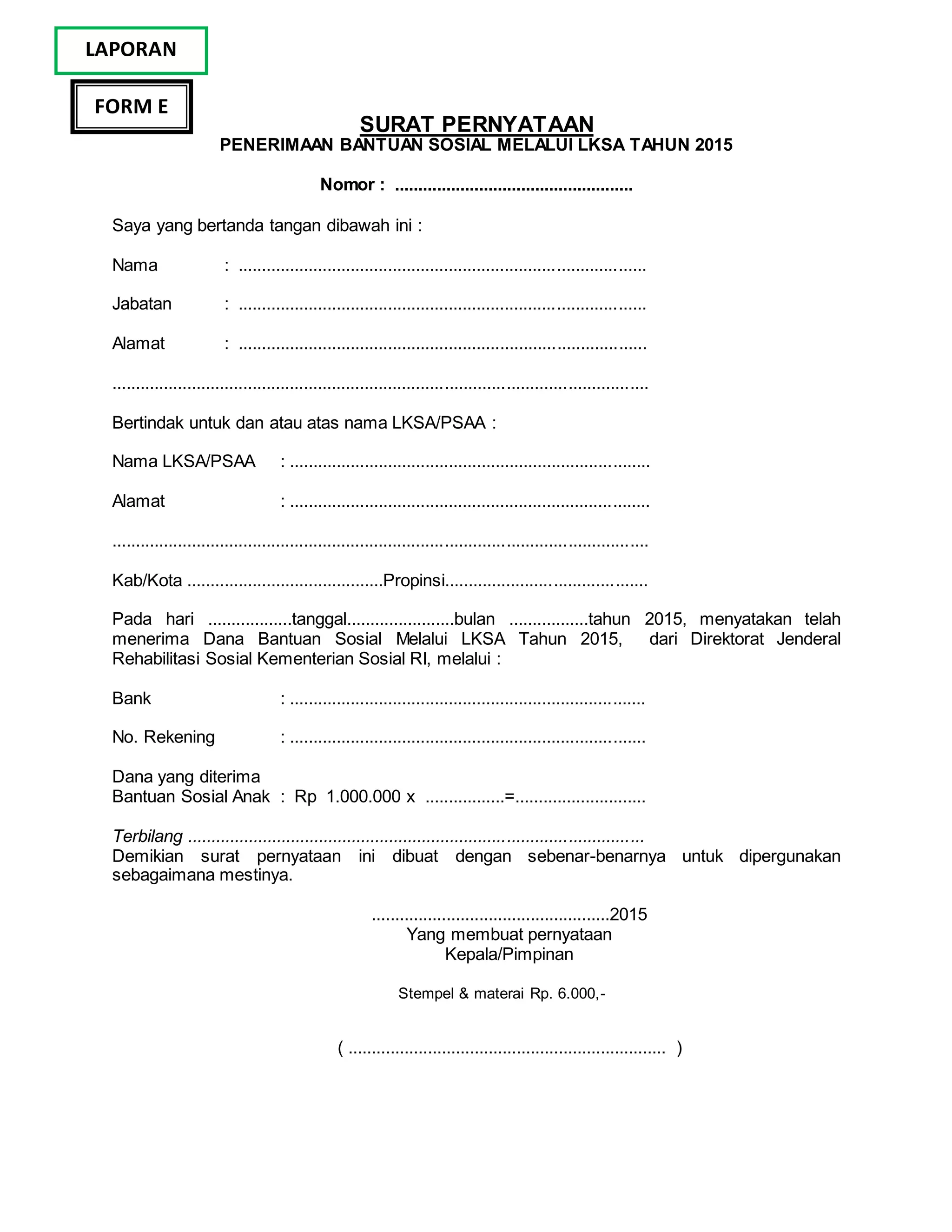 Form e (form laporan bansos lksa) | PDF