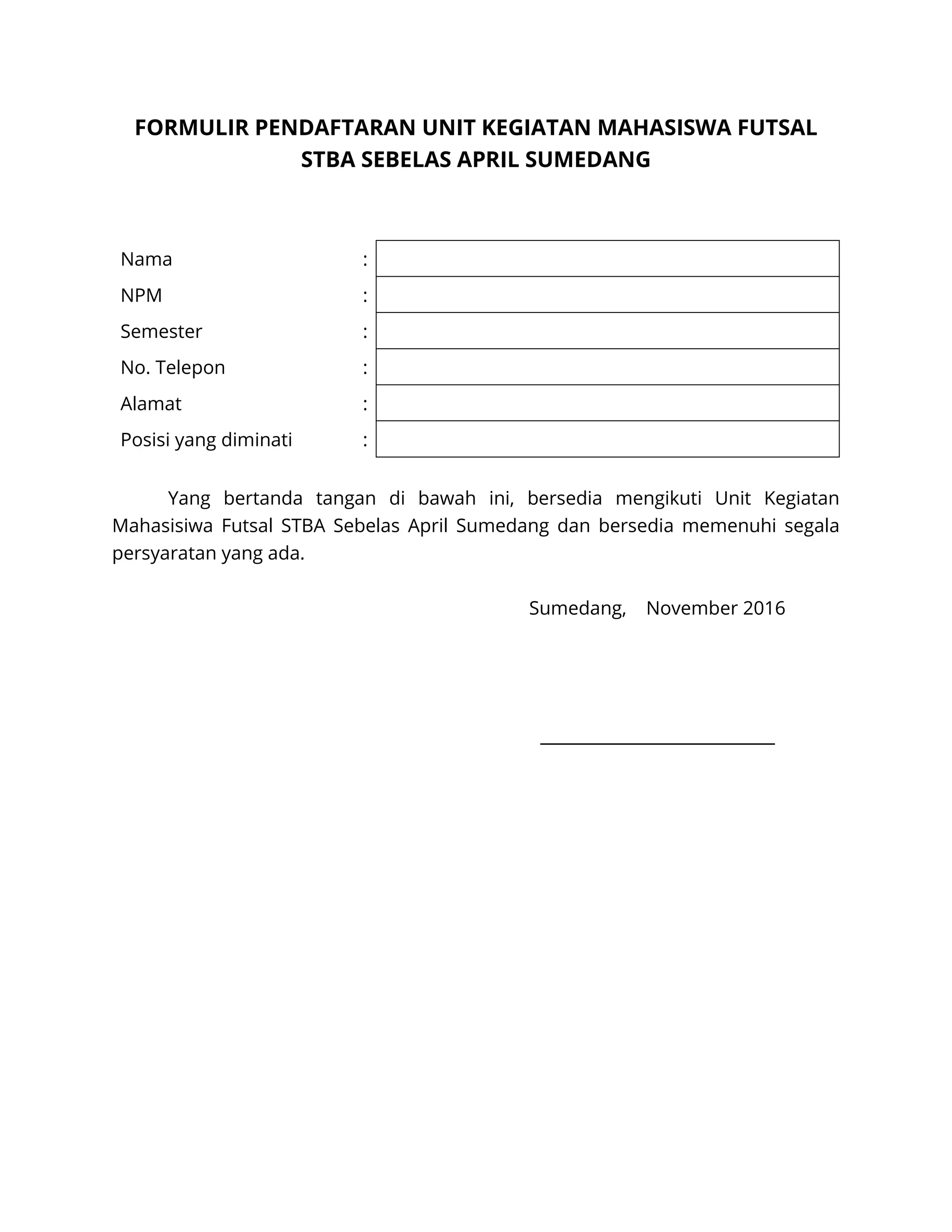 Formulir Pendaftaran UKM Futsal STBA SAS | PDF
