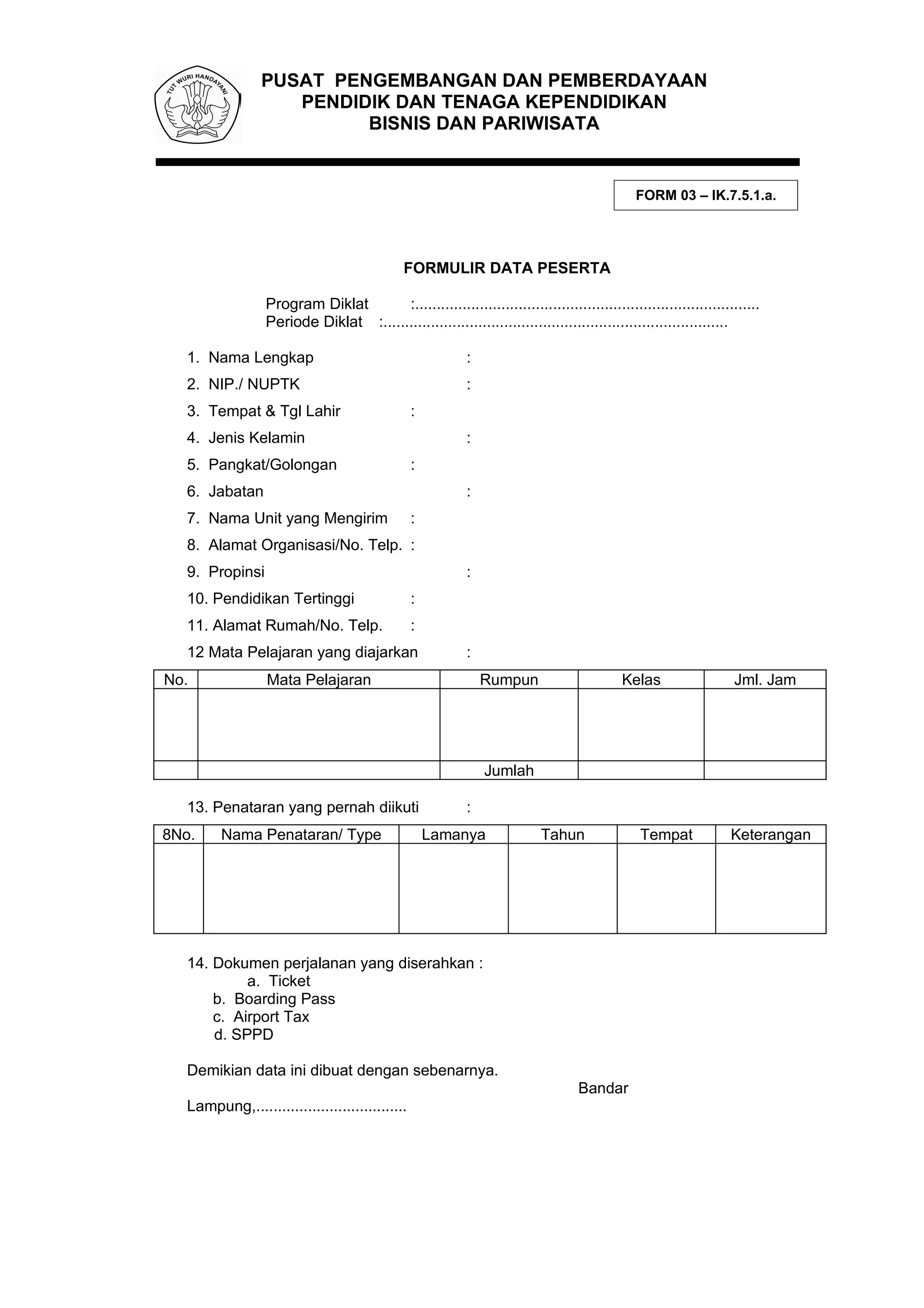 Form ik 7.5.1.a registrasi peserta diklat | DOC