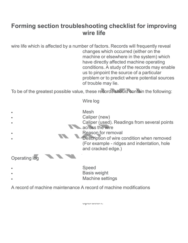 Forming section troubleshooting checklist for improving wire life (1).ppt