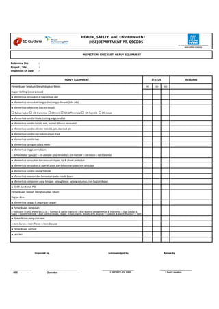 FormInspection Heavy Equipment untuk excavator | PDF