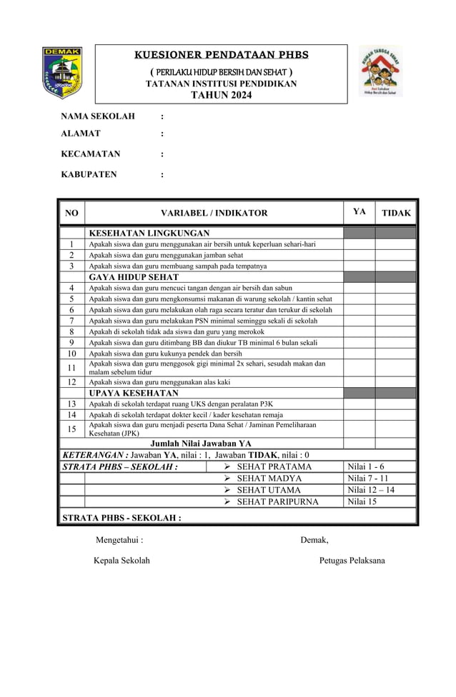 FORM kartu phbs di sekolah di sekolah di gunakan untuk melakukan pendataan sekolah ber PHBS | DOCX
