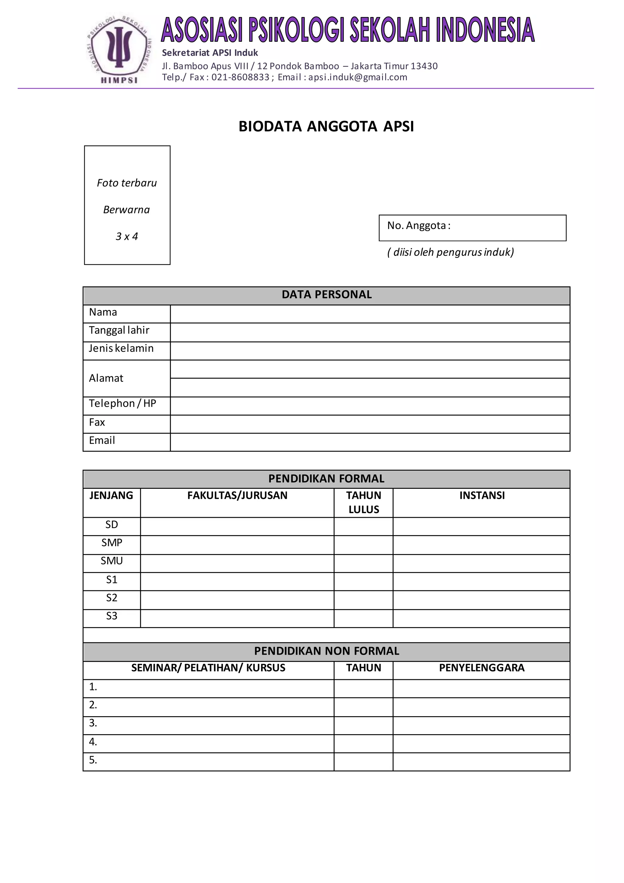 Form keanggotaan apsi | PDF