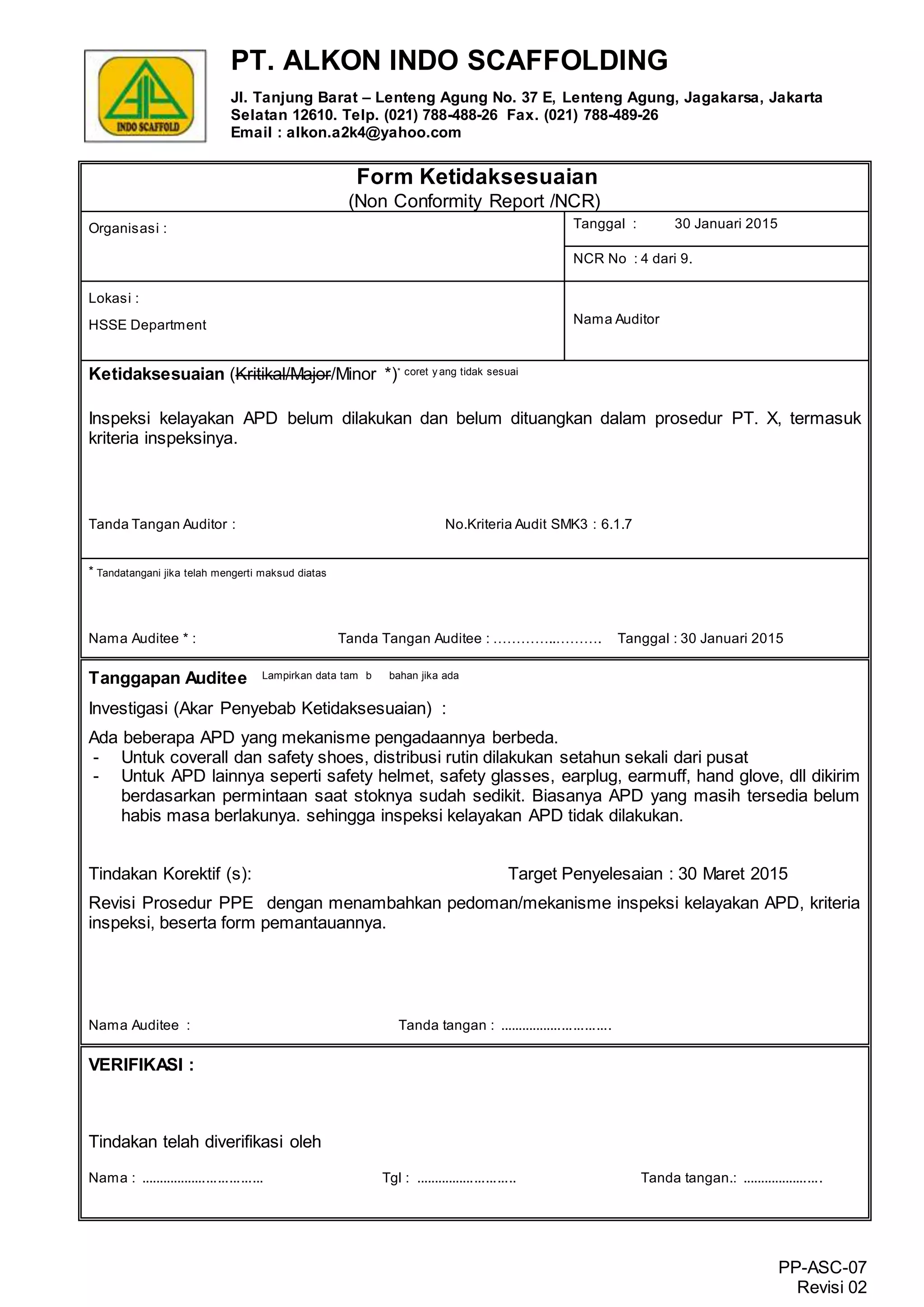 PT.ALKON INDO SCAFFOLDING NCR FORM | PDF