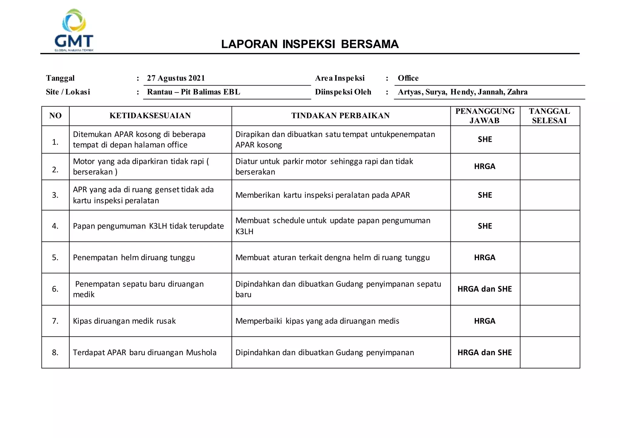 Form laporan inspeksi bersama | DOCX