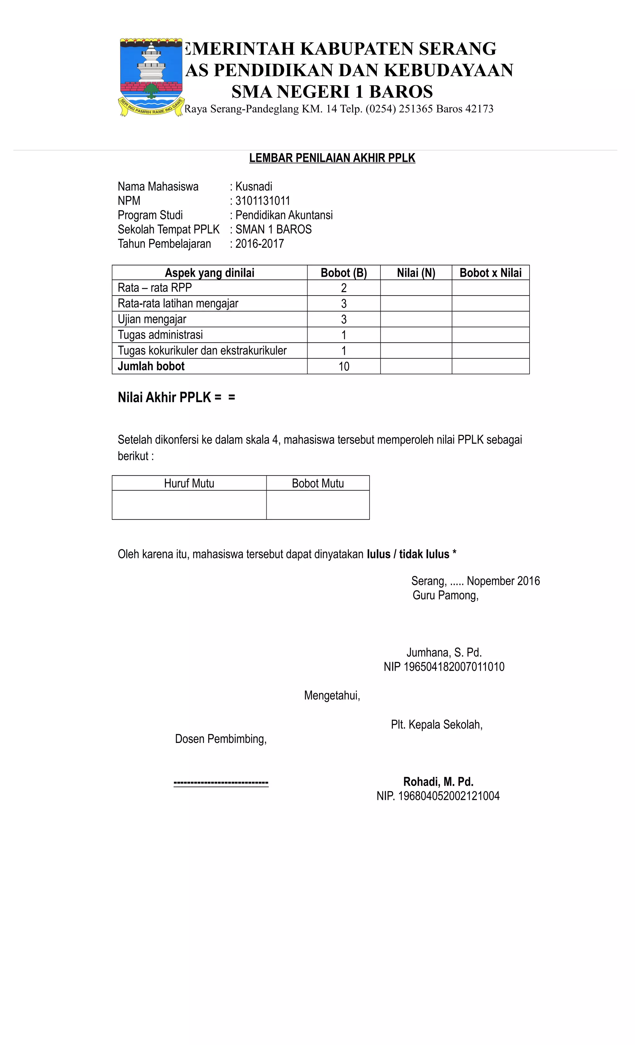 Form lembar penilaian akhir pplk | PDF
