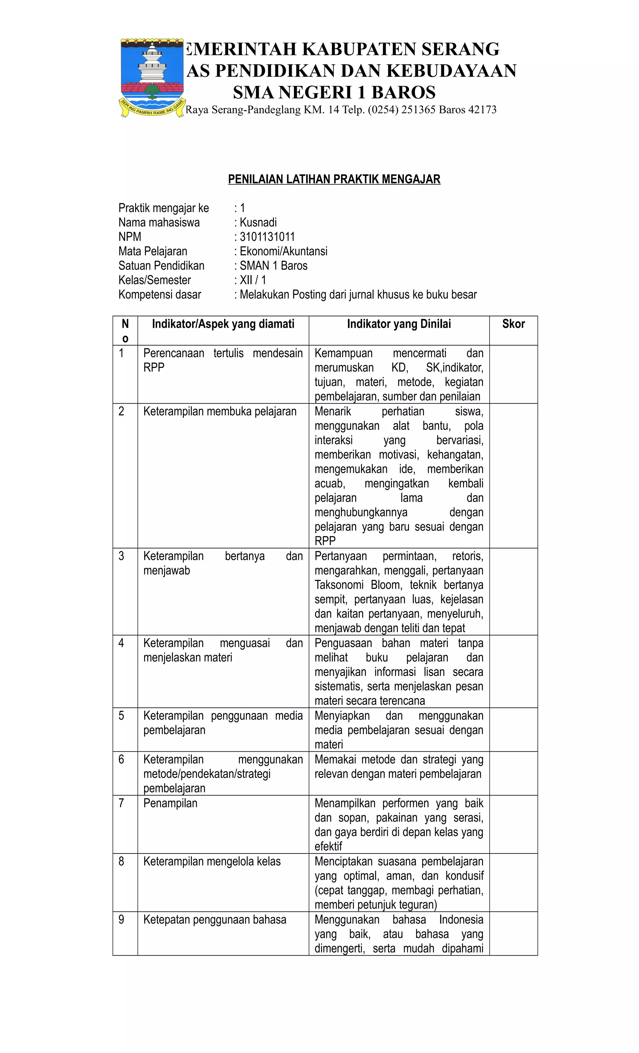 Form lembar penilaian akhir pplk | PDF