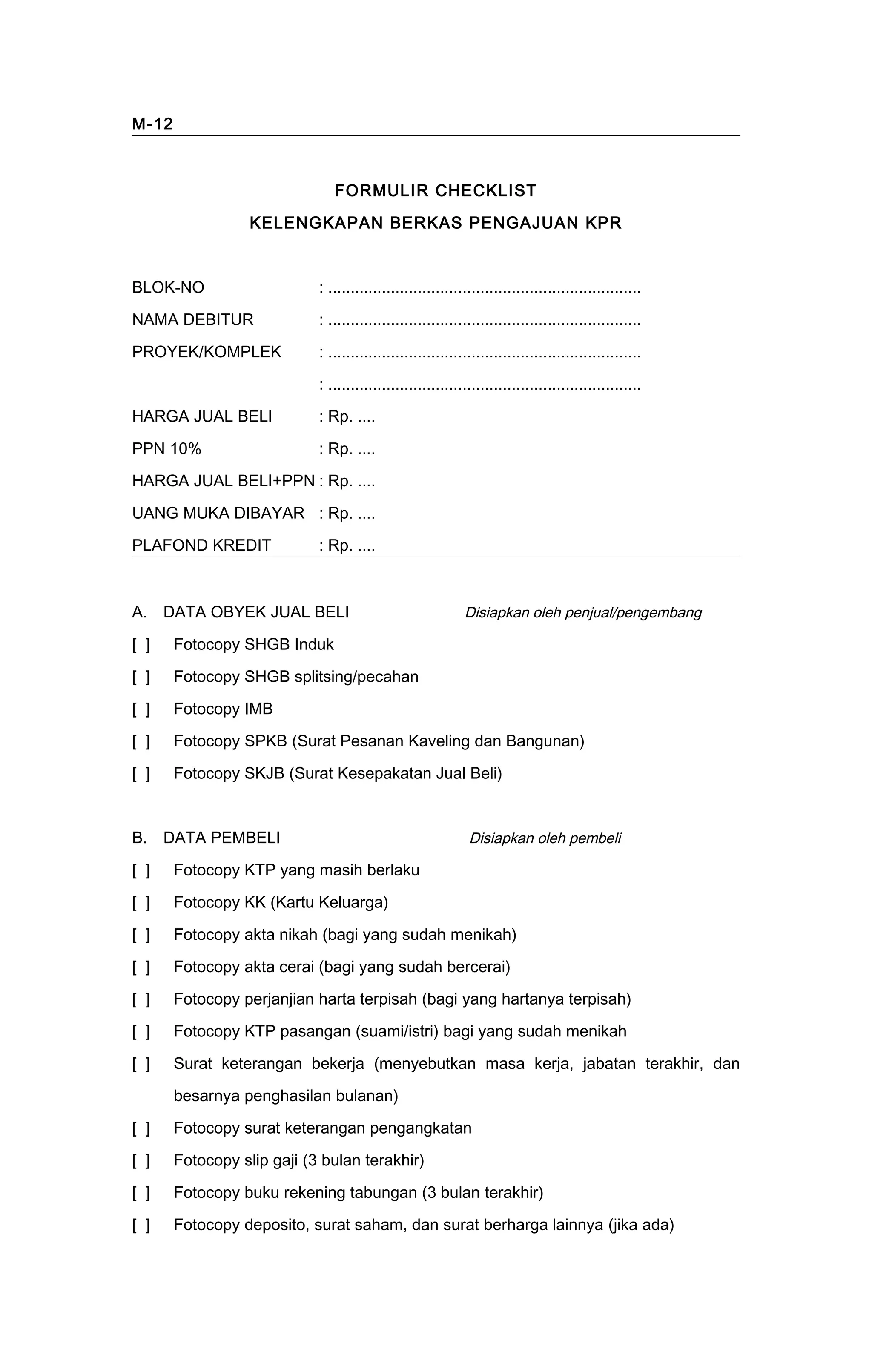 Form mkt12 (checklist kelengkapan kpr) | DOC