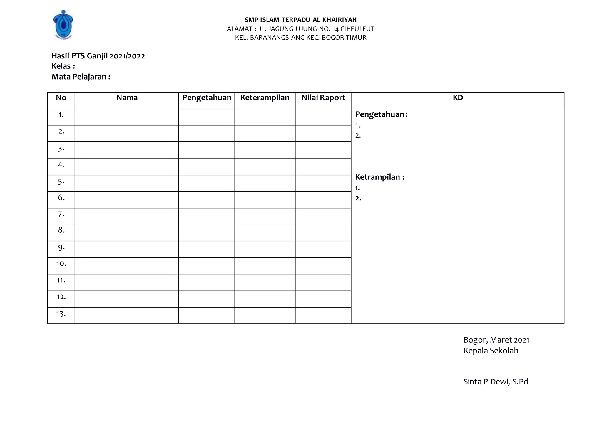 Form nilai pts ganjil smp 21.22