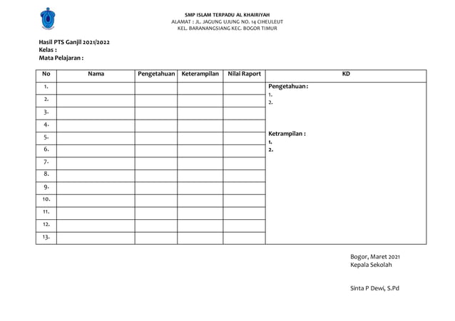 Form nilai pts ganjil smp 21.22