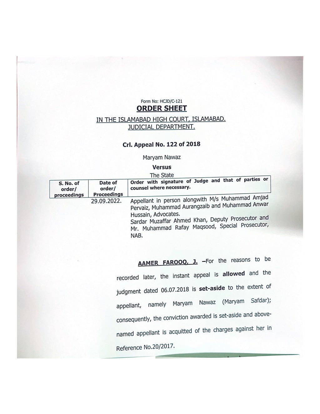 Short written order by IHC to acquit Maryam Nawaz, Captain Safdar | PDF