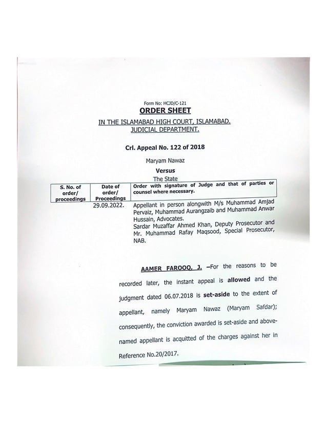 Short written order by IHC to acquit Maryam Nawaz, Captain Safdar | PDF
