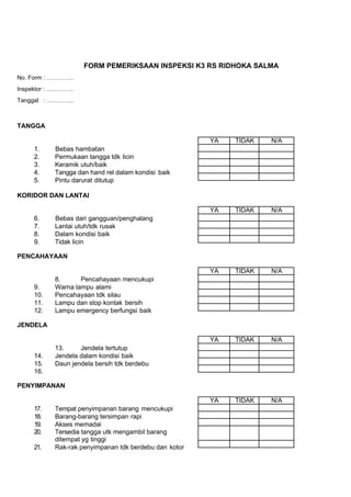 form pemeriksaan inspeksi k3 dan kesehatan | PDF | Free Download