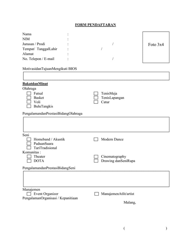 Form pendaftaran LSO BIOS PTIIK Universitas Brawijaya | PDF