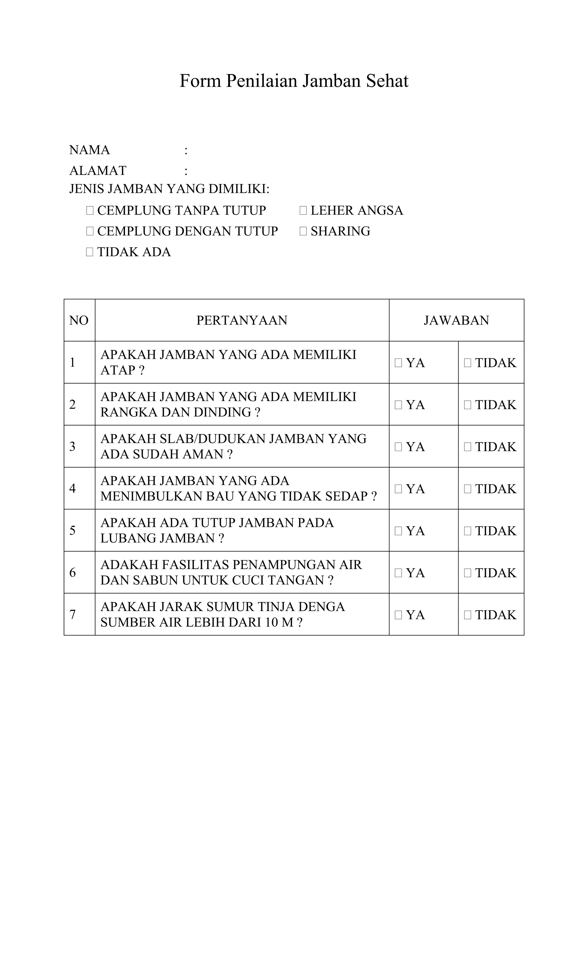 Form penilaian jamban sehat | DOCX
