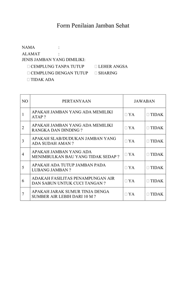 Form penilaian jamban sehat | DOCX