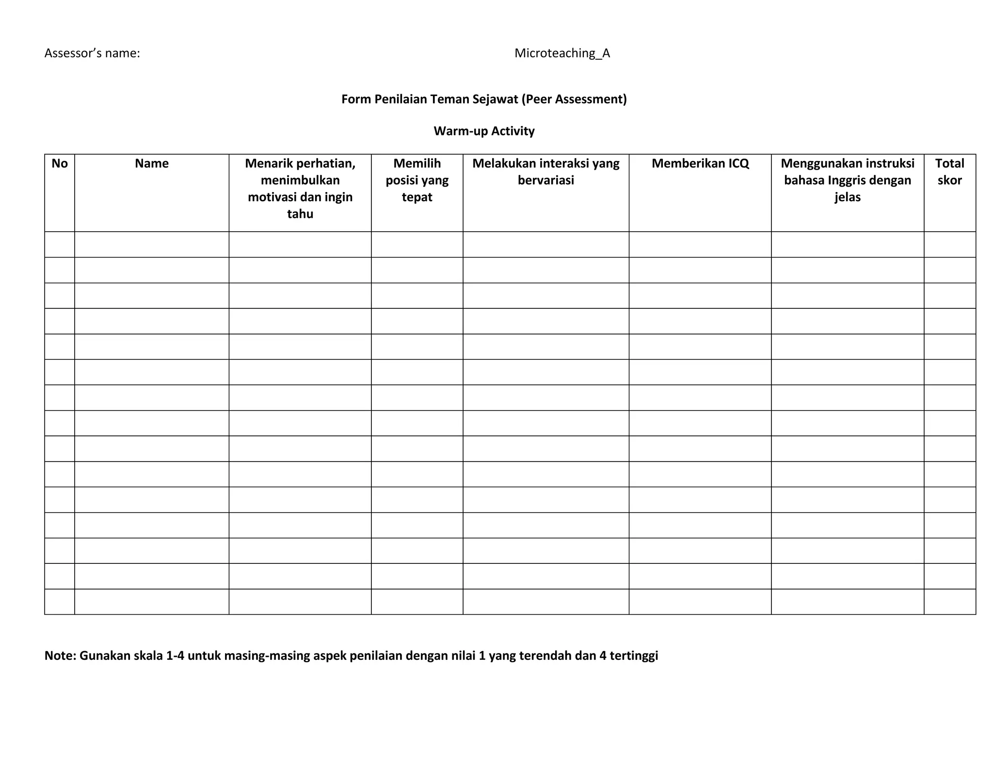 Microteaching Peer Assessment Form | PPT