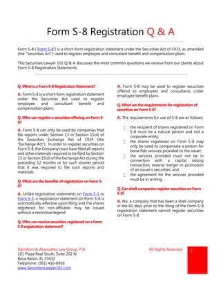 Form S-8 Registration Statements - Securities Lawyer 101 | PDF