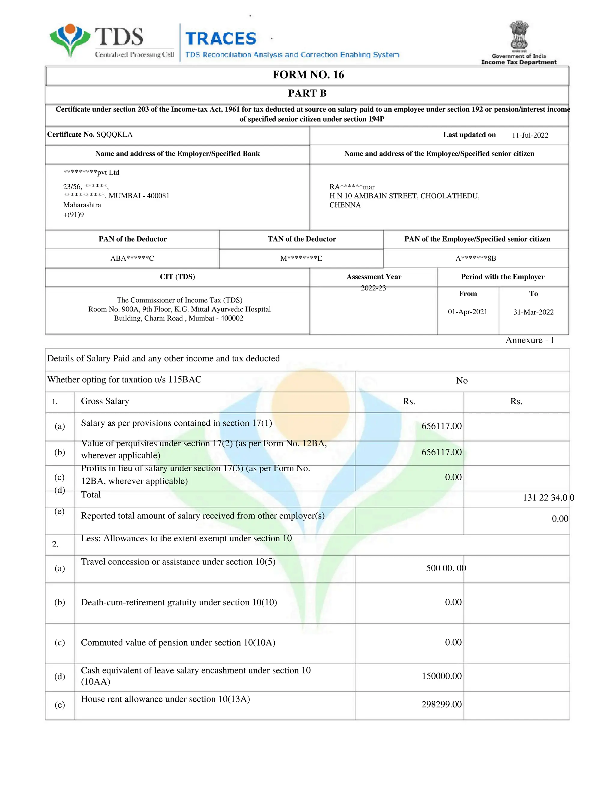 TAX DEDUCTED AT SOURCE(TDS) SALARY FORM 16 | PDF
