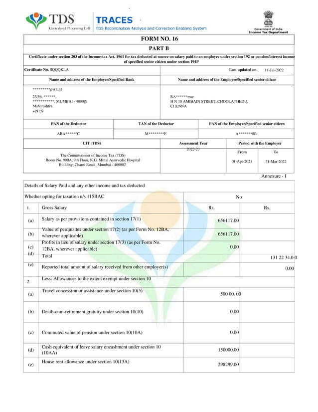 TAX DEDUCTED AT SOURCE(TDS) SALARY FORM 16 | PDF