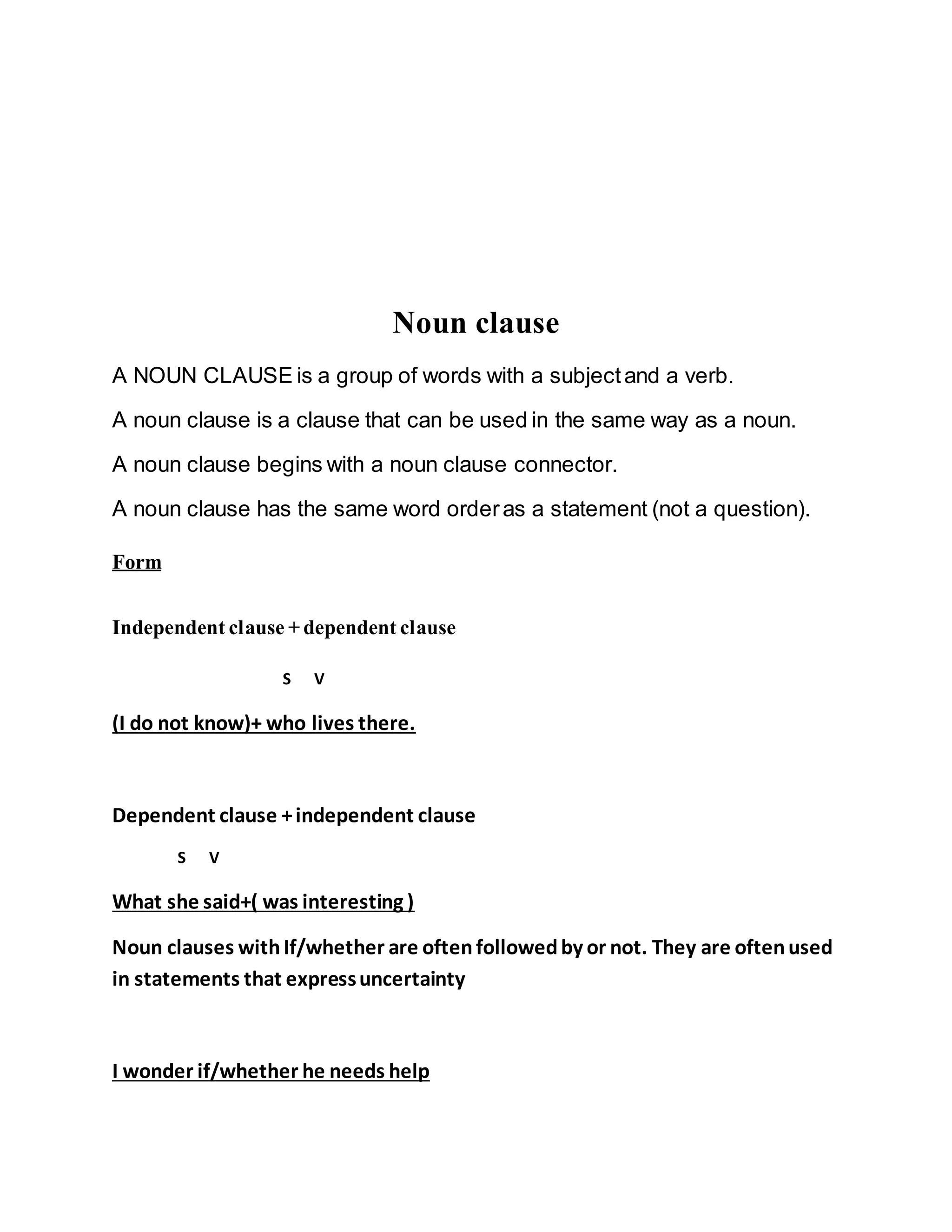 Forms and uses of noun clauses | DOCX