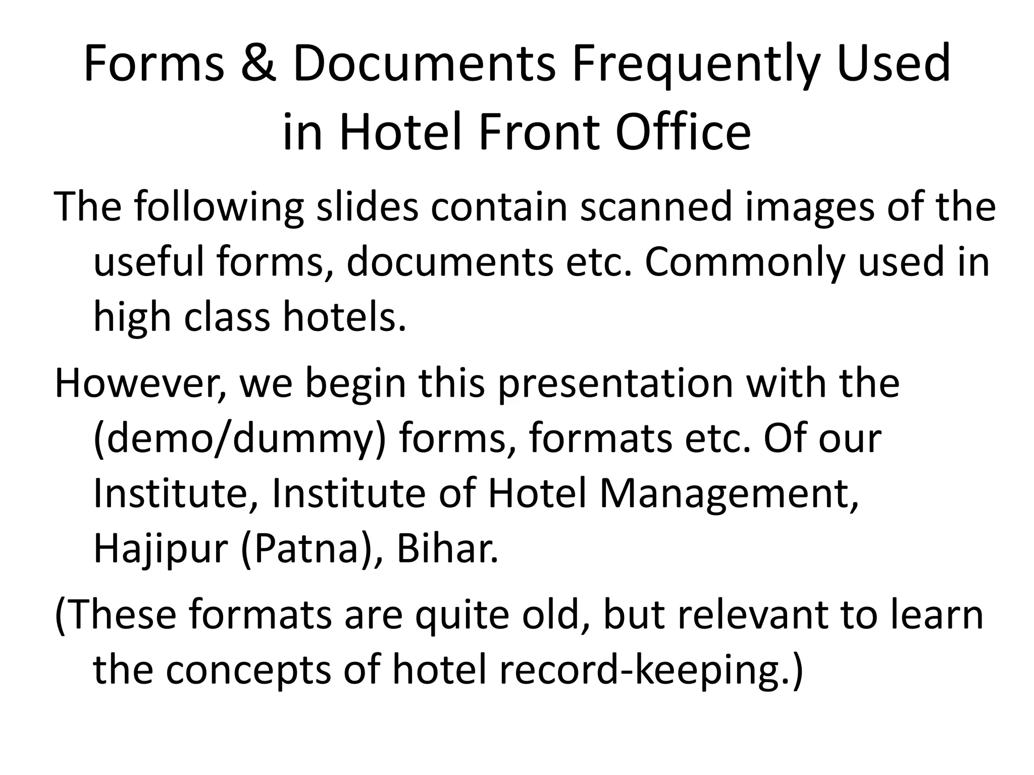Forms & documents used in Hotel Front Office | PPTX