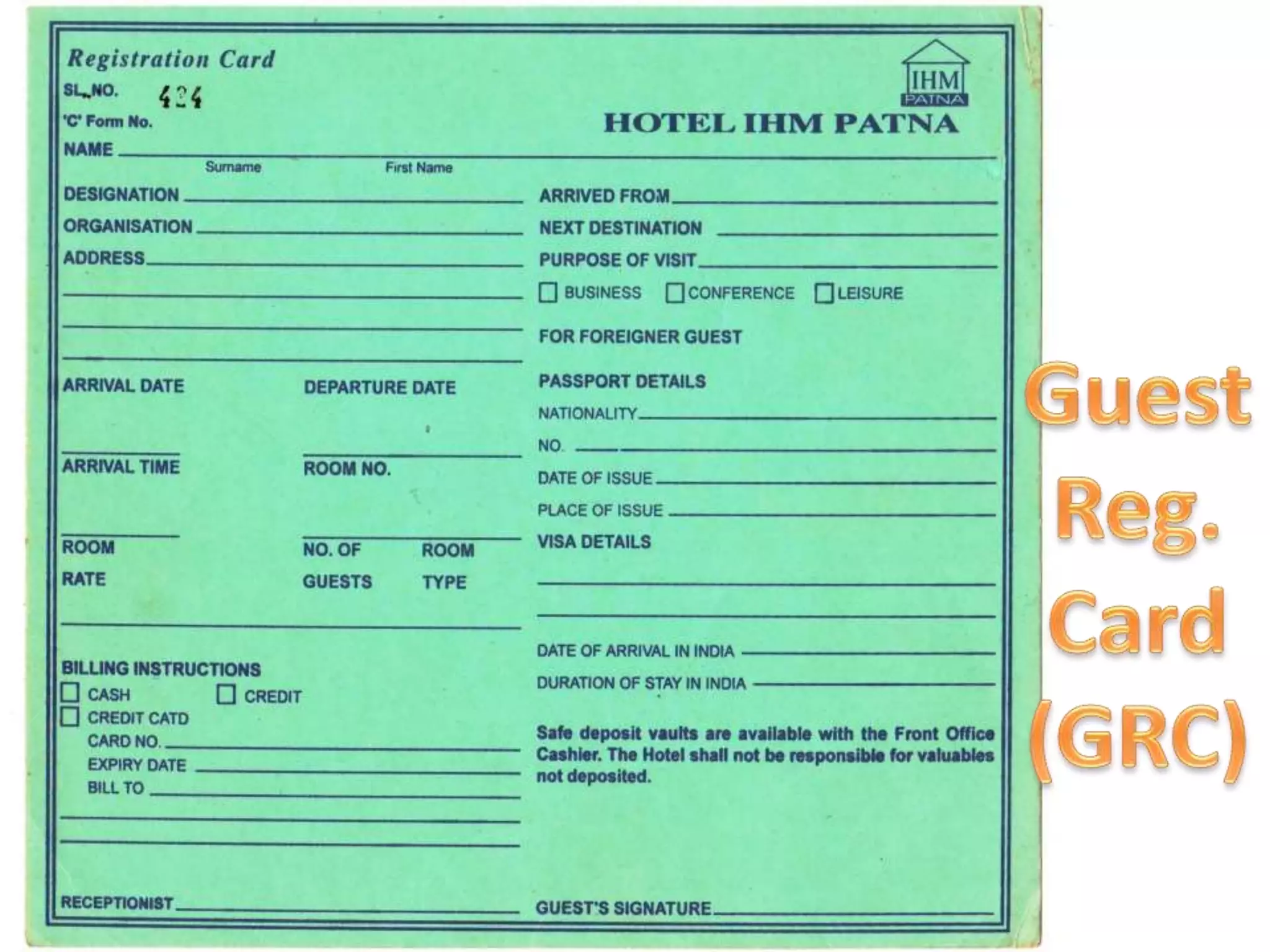 Forms & documents used in Hotel Front Office | PPTX