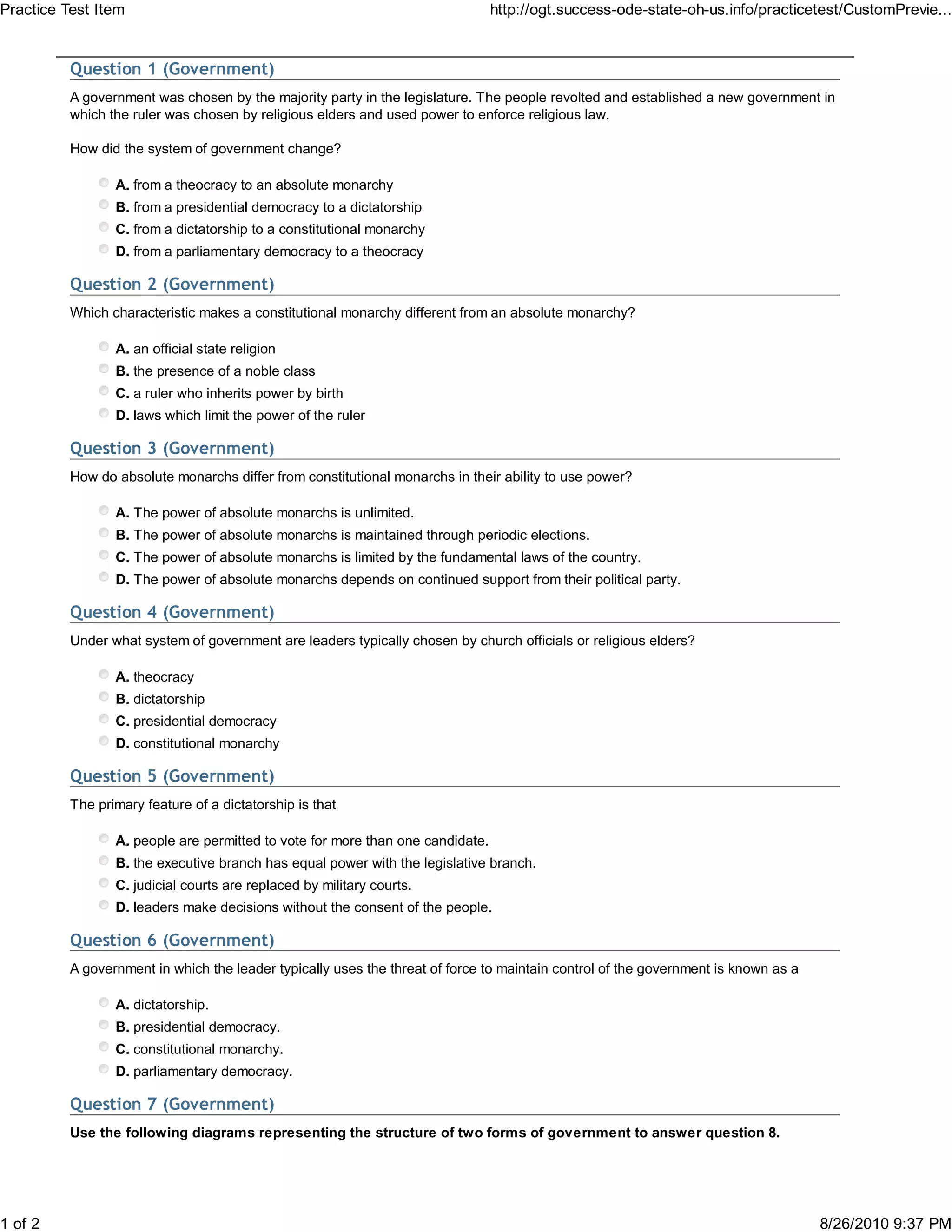 Forms of Government Questions | PDF