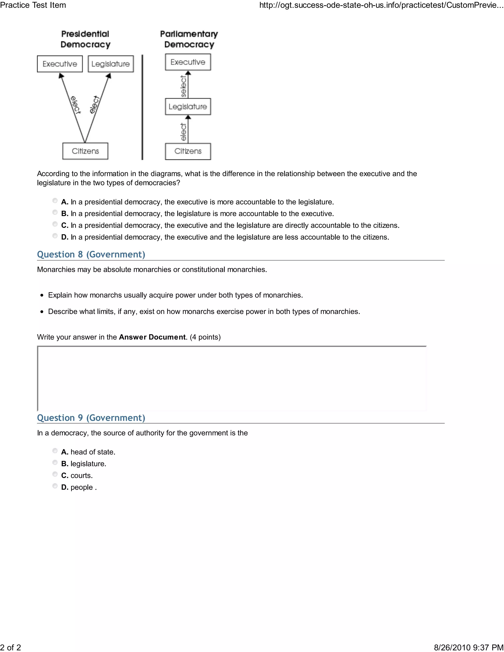 Forms of Government Questions | PDF