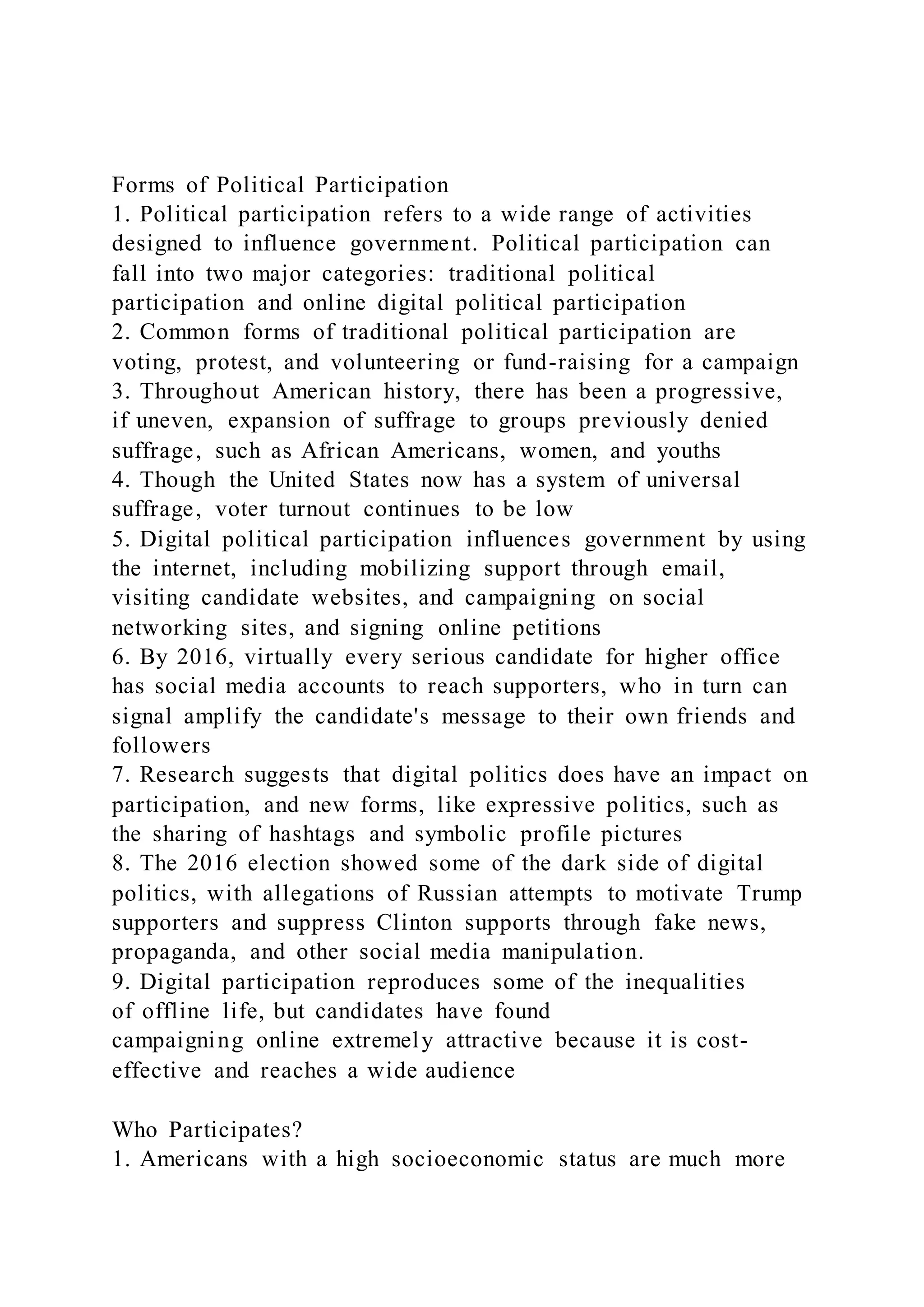 Forms of Political Participation1. Political participation refer | DOCX