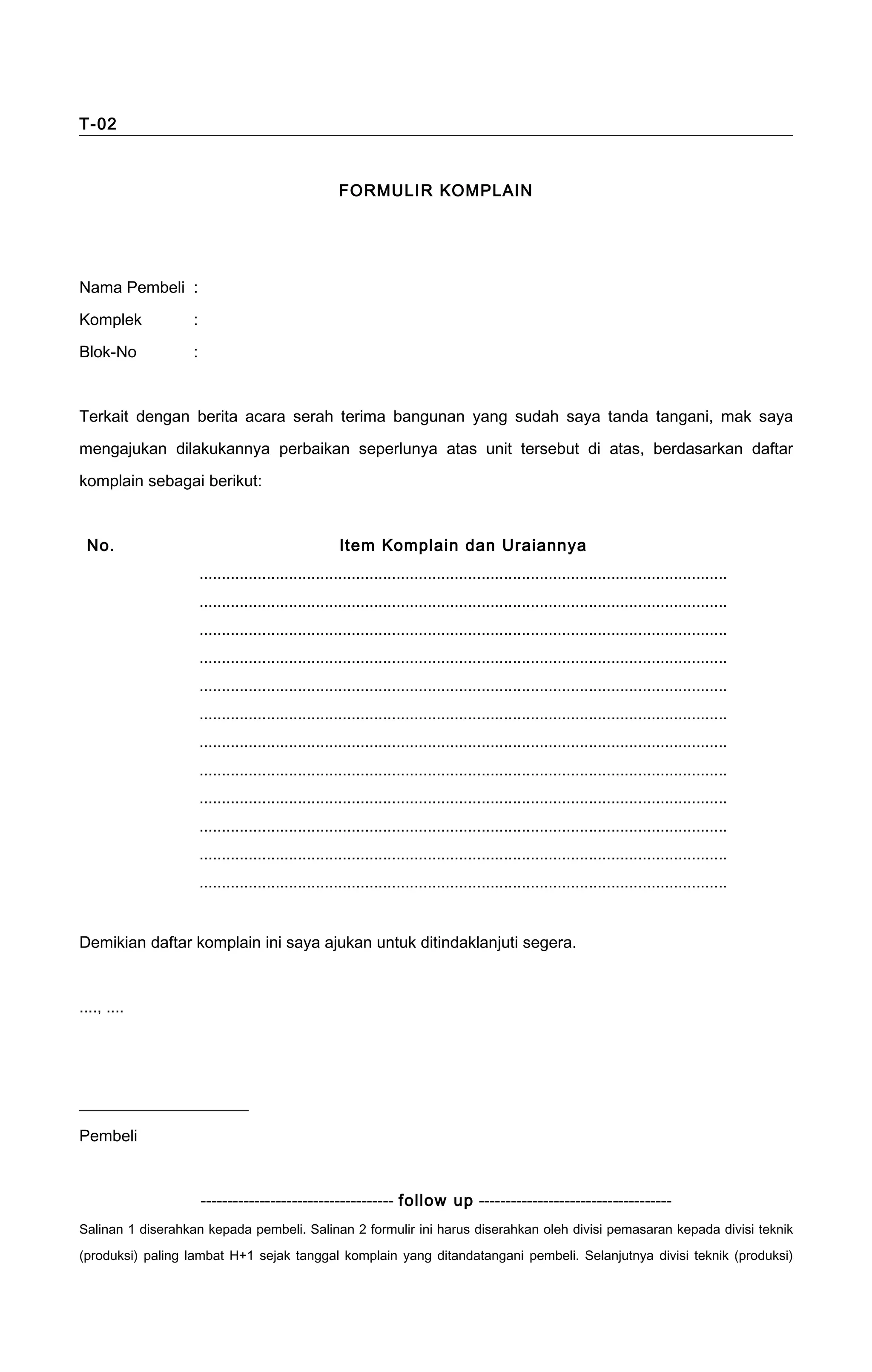 Form tek02 (formulir komplain) | PDF