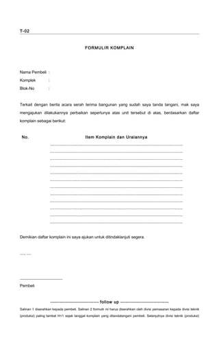 Form tek02 (formulir komplain) | PDF
