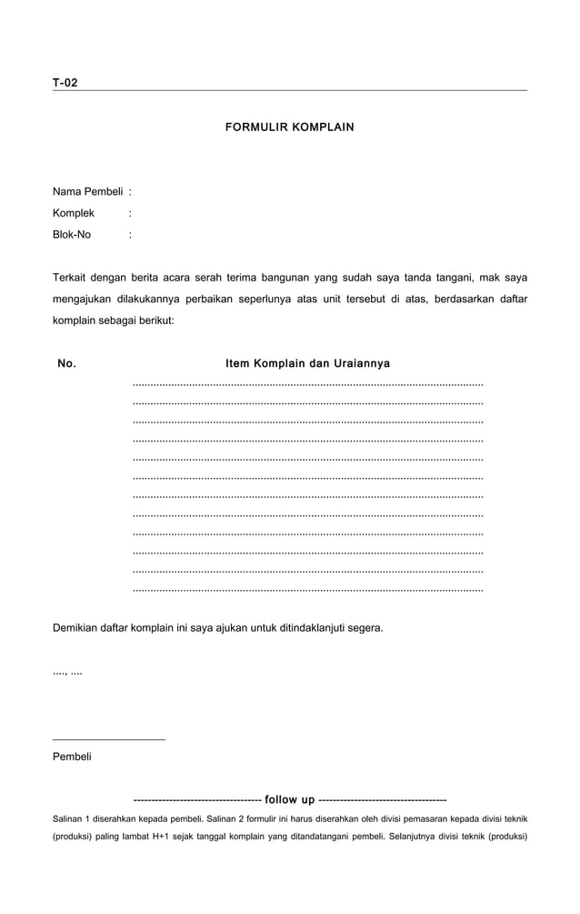 Form tek02 (formulir komplain) | PDF