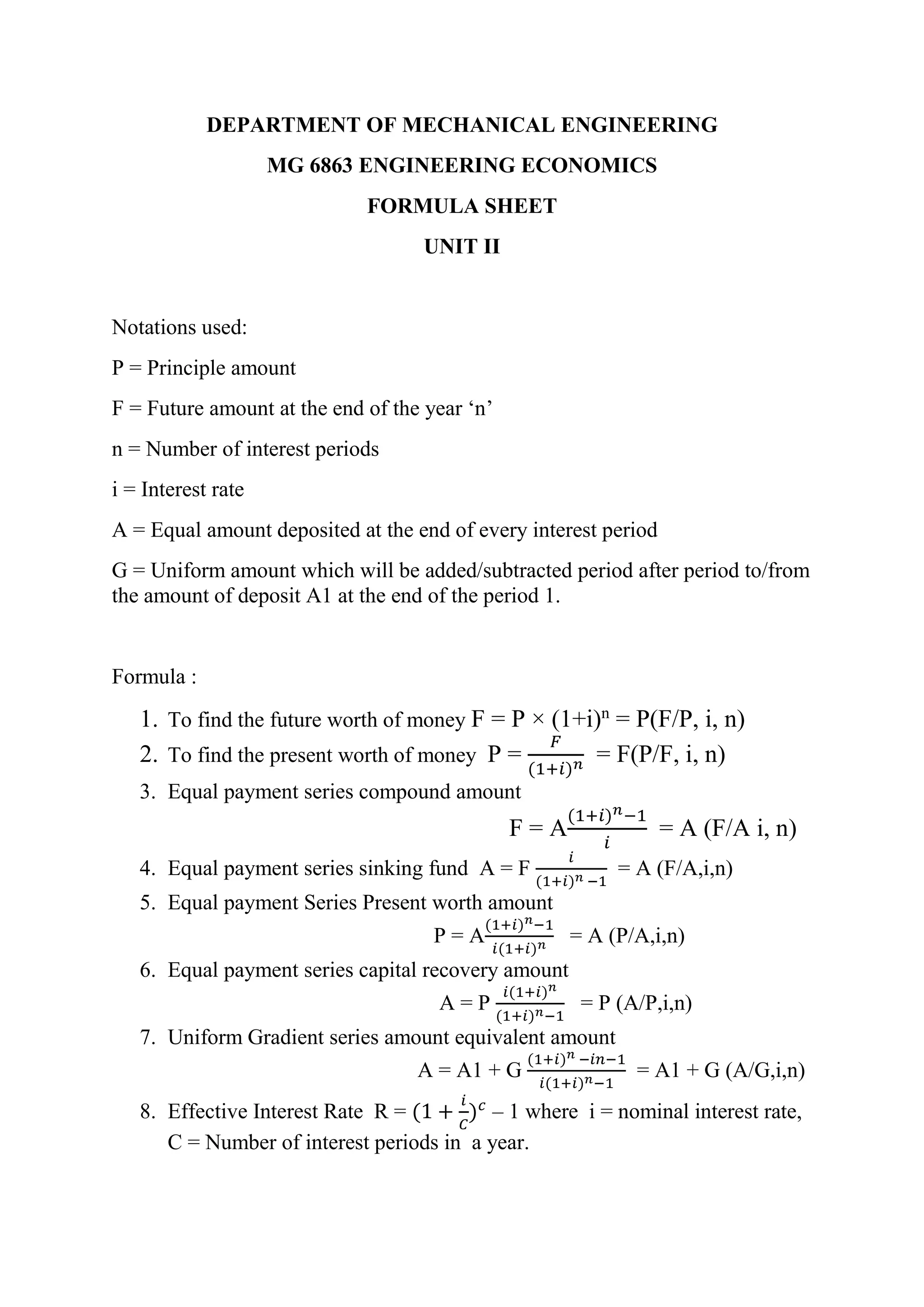 MG 6863 FORMULA SHEET ENGINEERING ECONOMICS | PDF